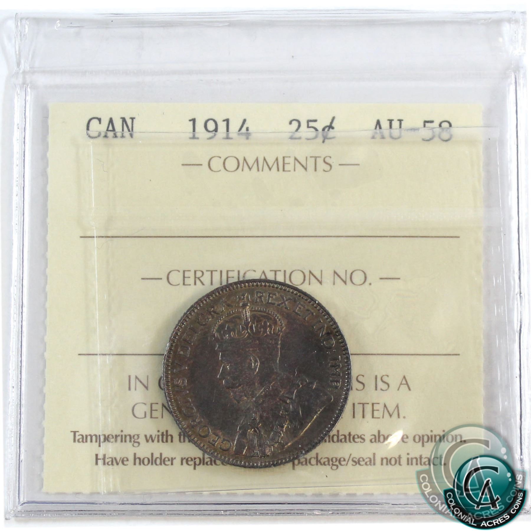 25-cent 1914 ICCS Certified AU-58. This coin has very attractive toning with deep indigo blues and v