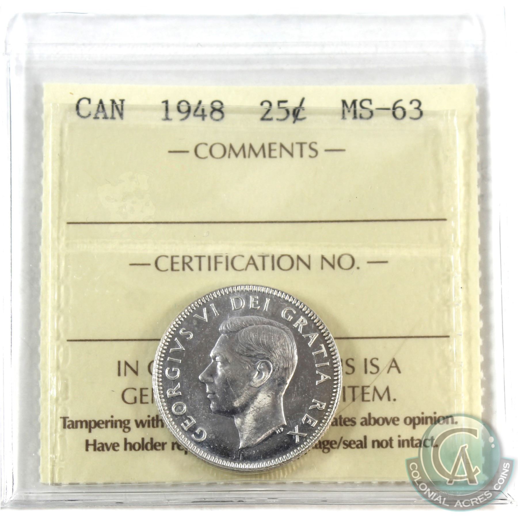 25-cent 1948 ICCS Certified MS-63. Beautiful strike, shows better than grade!