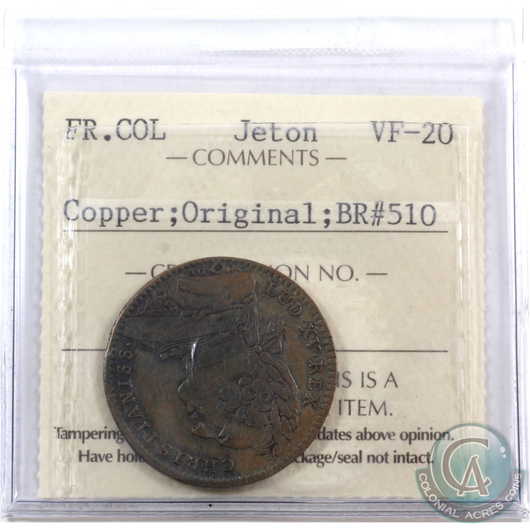 Jeton: Breton 510; Copper Original French Colonies ICCS Certified VF-20.