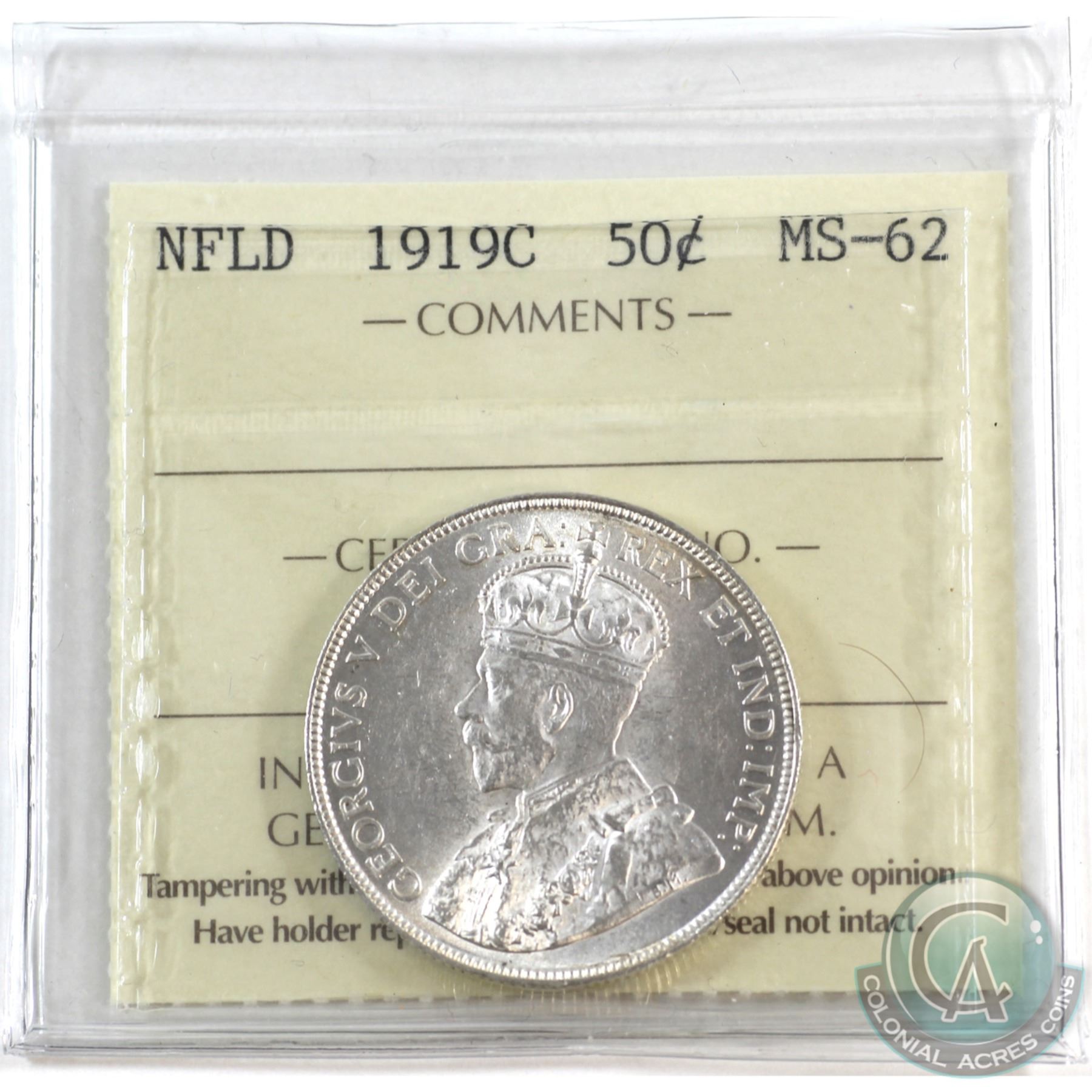 Newfoundland 50-cent 1919C ICCS Certified MS-62. Full white coin.