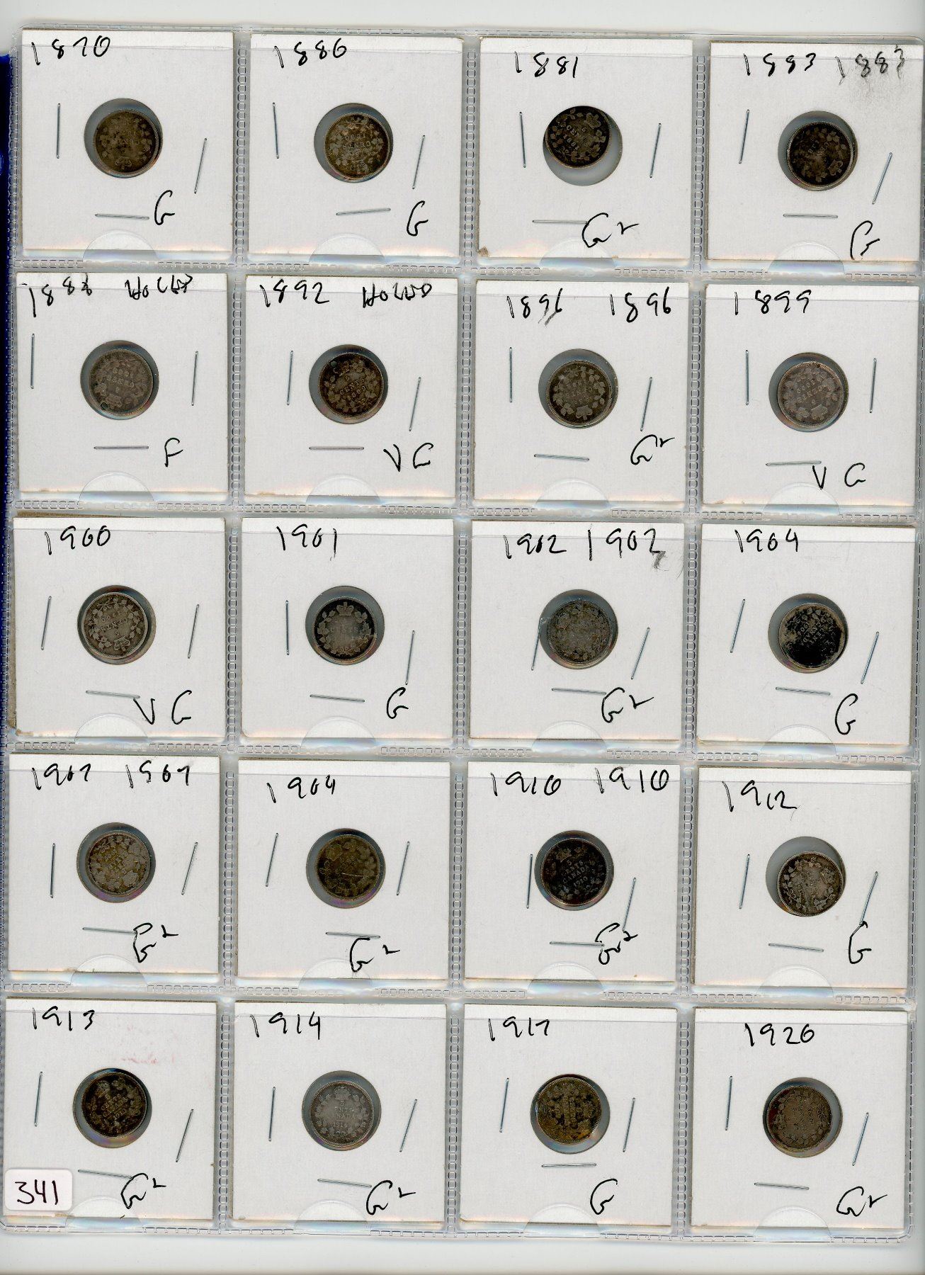 LOT OF 20 FIVE CENT COINS (CANADA) *VARIOUS YEARS BETWEEN 1879 AND 1926 ...