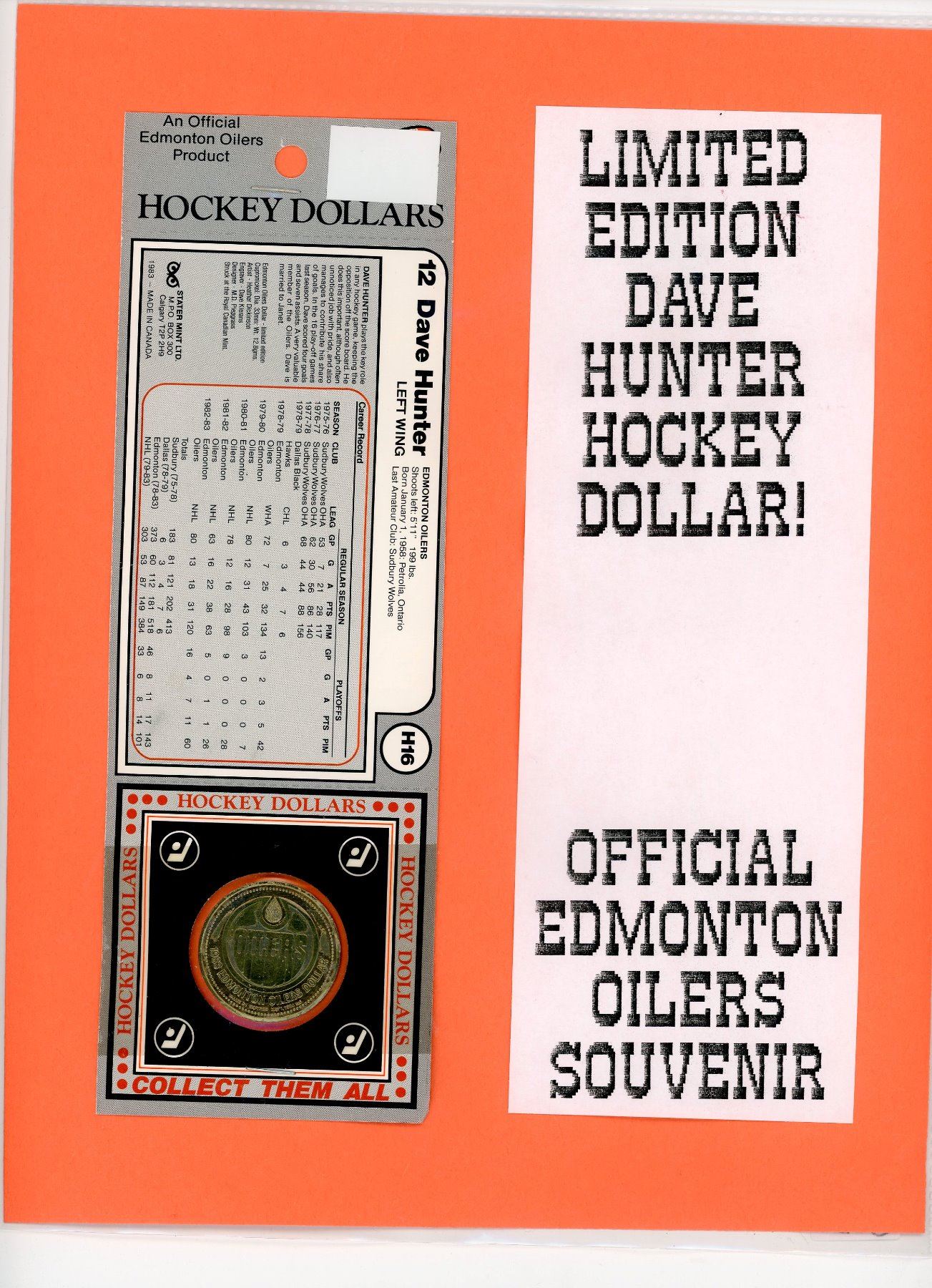 2-OFFICIAL ISSUE EDMONTON OILERS DAVE HUNTER HOCKEY DOLLARS (IN ...