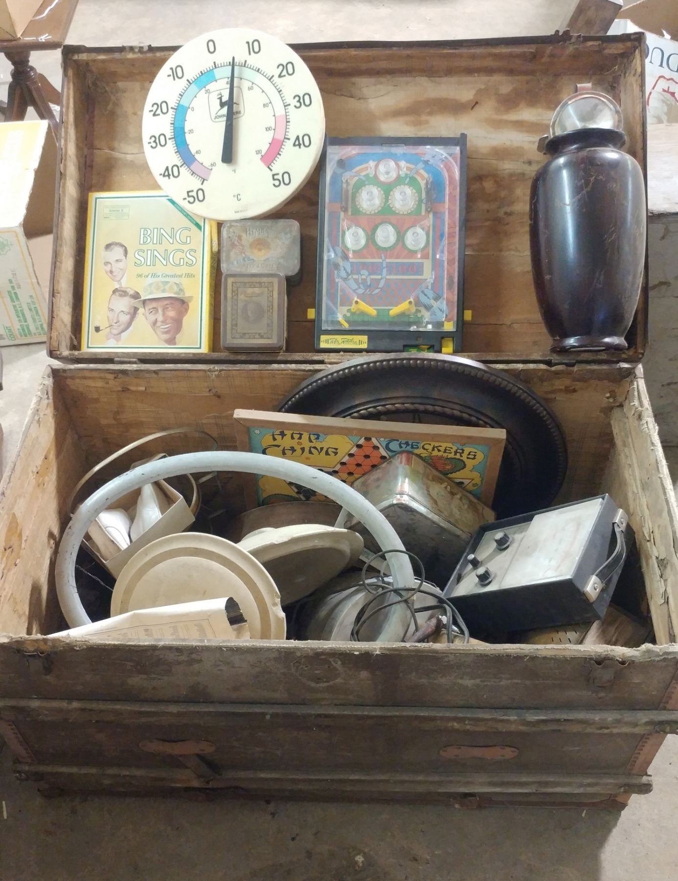 STEAMER TRUNK FULL OF COLLECTIBLES (36.5" X 20" X 23")