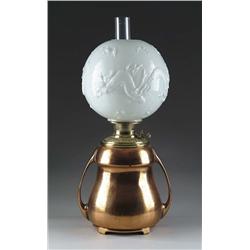 LARGE COPPER BASE PARKER KEROSENE LAMP WITH GONE