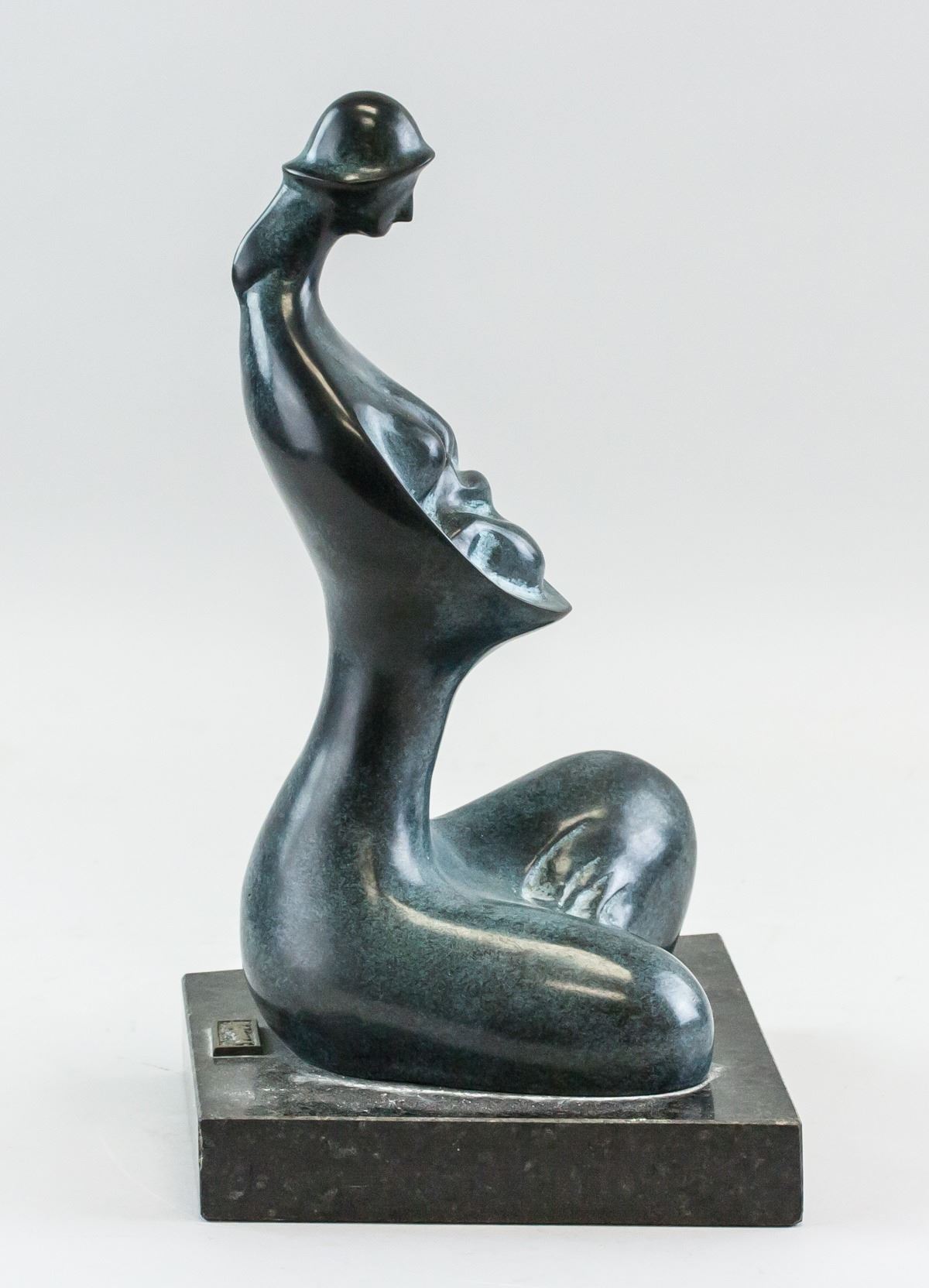 European Bronze Mother Baby Statue Signed