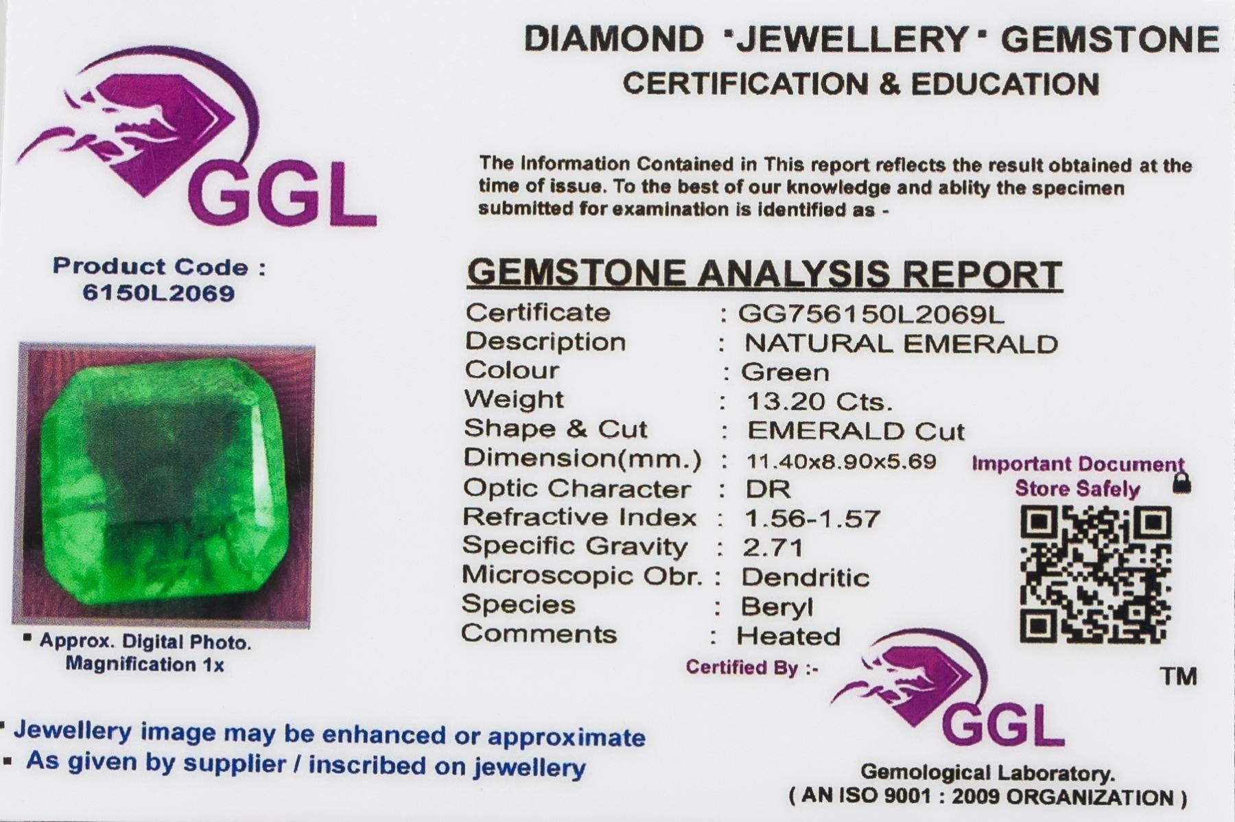 13.2ct Emerald Cut Green Emerald Gem GGL COA