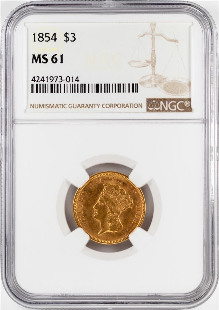 1854 $3 Indian Princess Head Gold Coin NGC MS61