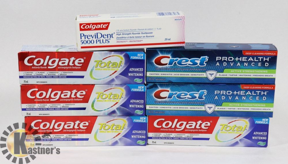 LOT OF 5 NEW COLGATE AND 2 NEW CREST TOOTHPASTE.