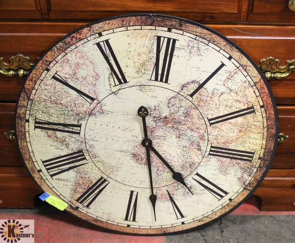 23" DIAMETER CLOCK WITH MAP OF WORLD DESIGN
