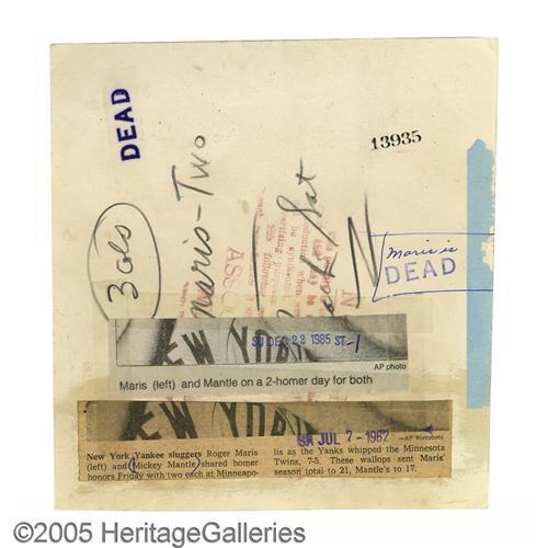 1962 Roger Maris & Mickey Mantle Wire Photograph. 1962 Roger Maris ...
