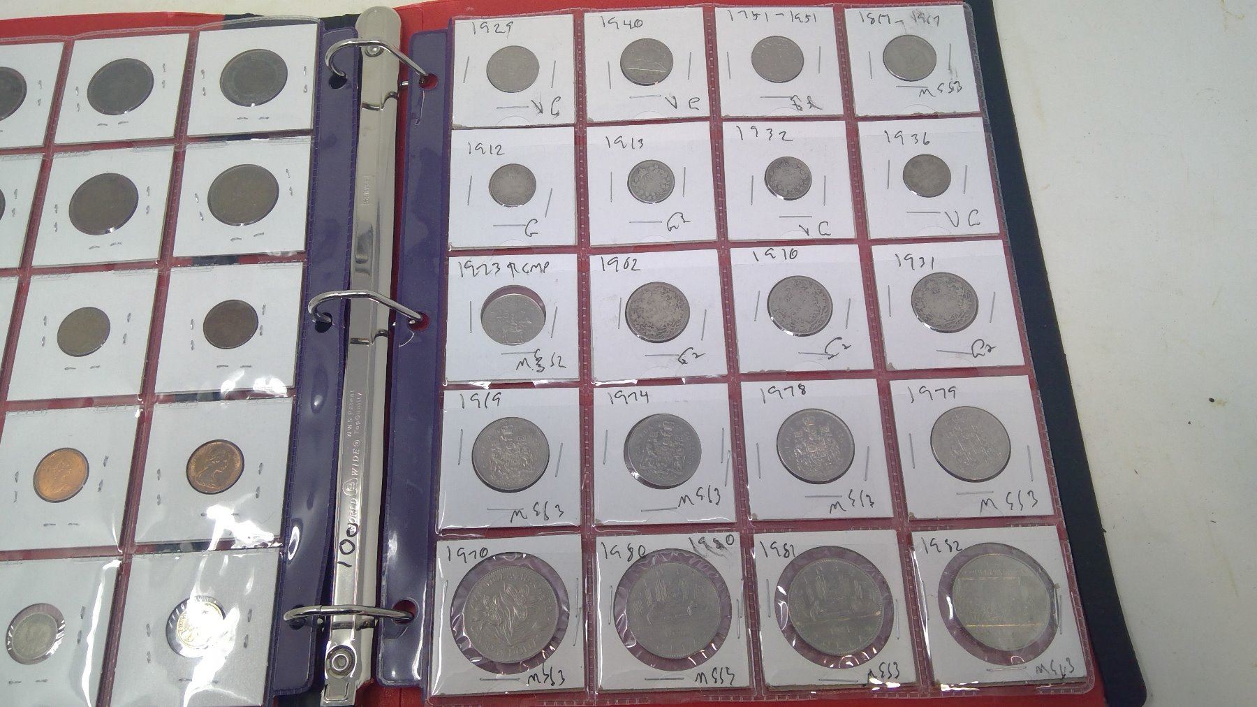 RED BINDER OF ASSORTED COINS 1876,1929 INCLUDING PENNY, 50 CENT, DIMES ...