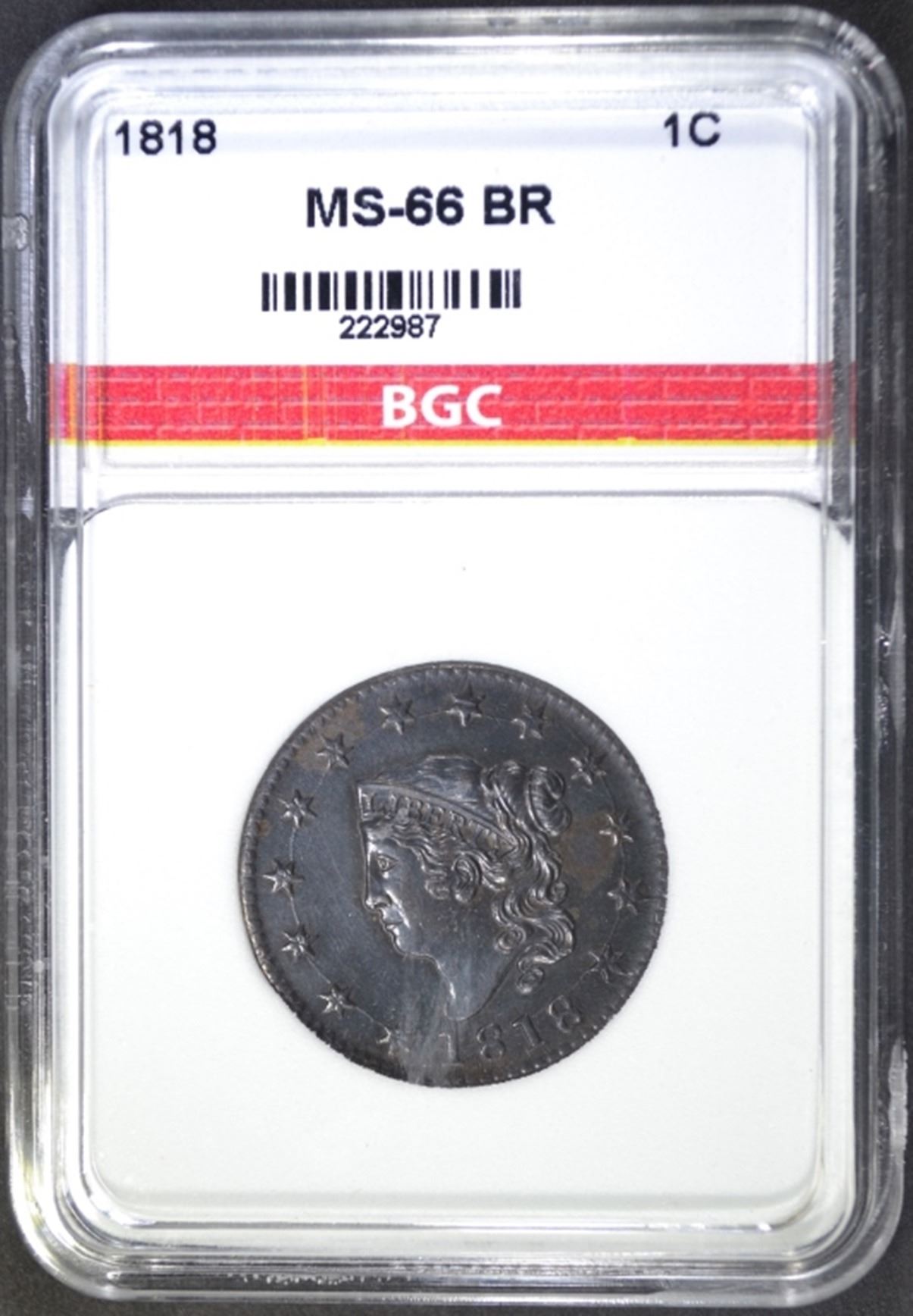 1818 LARGE CENT BGC SUPERB GEM BR