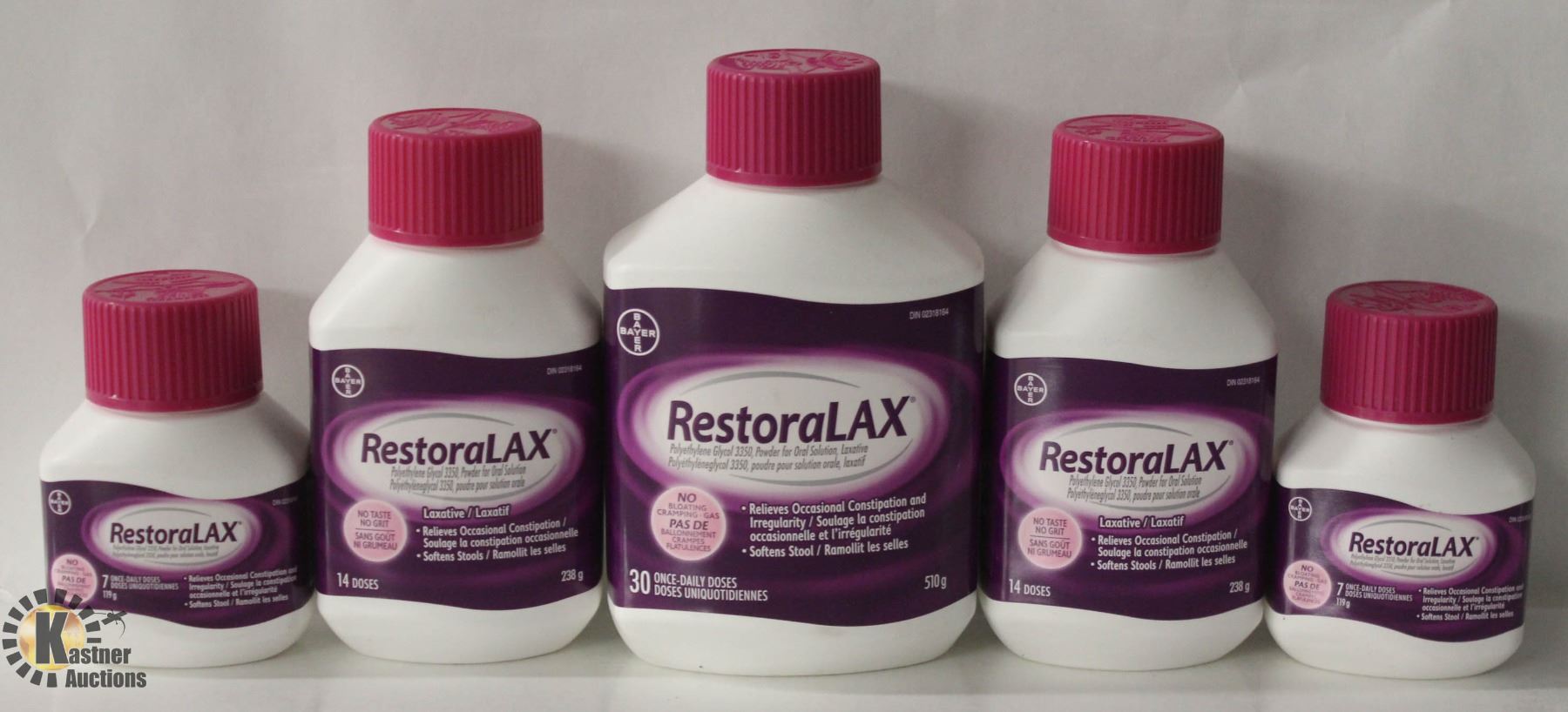 5 ASSORTED SIZE BOTTLES OF RESTORALAX - Kastner Auctions