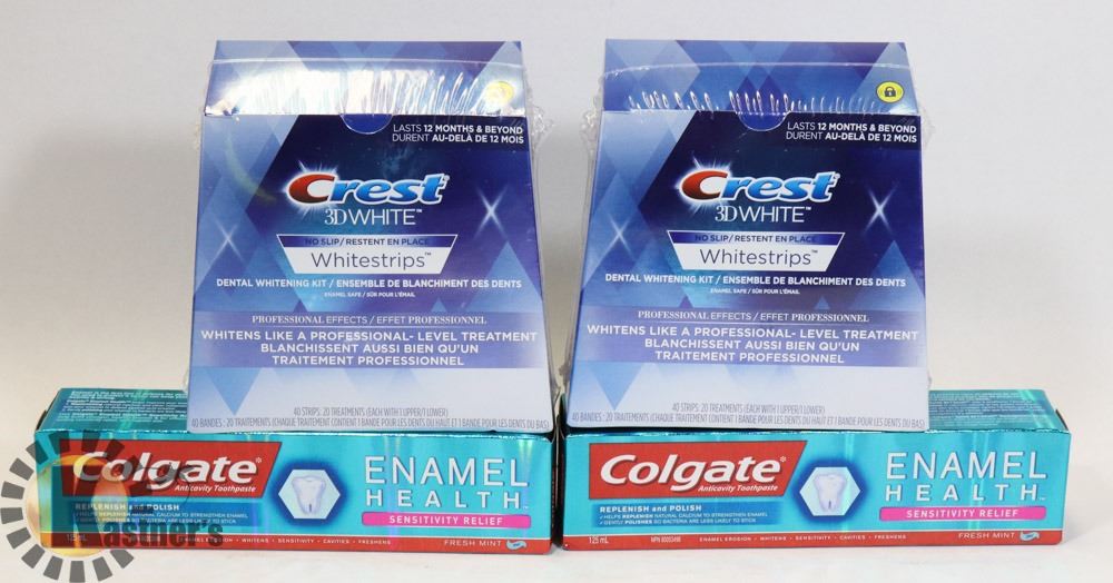 LOT OF CREST WHITESTRIPS AND COLGATE TOOTHPASTE.