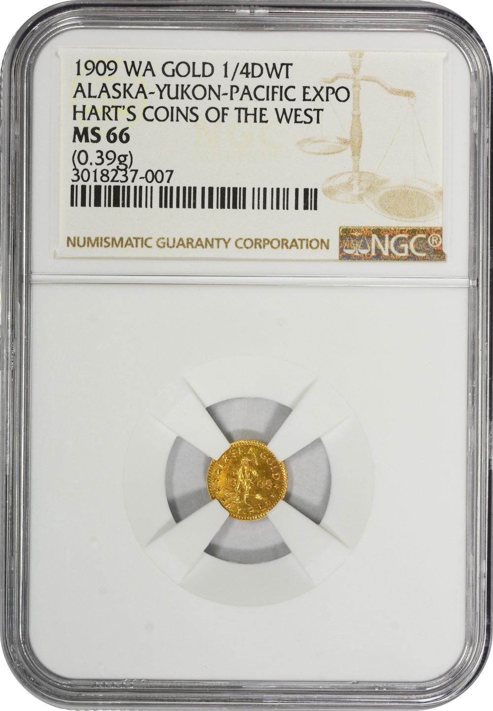 Hart’s Coins of the West. 1909 Alaska-Yukon Exposition Gold. ¼ DWT. MS ...