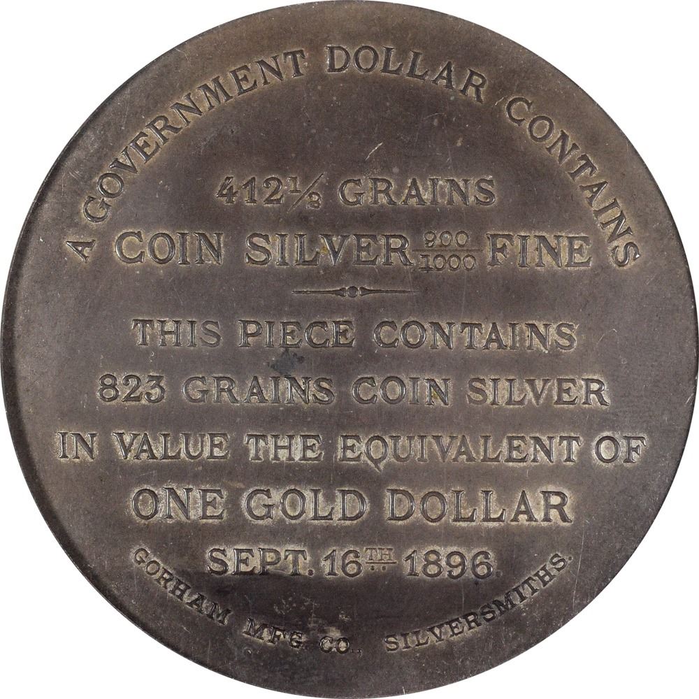Bryan Money. 1896 Gorham Mfg. Co. Dollar. Schornstein-6, HK-780. MS-62 NGC.