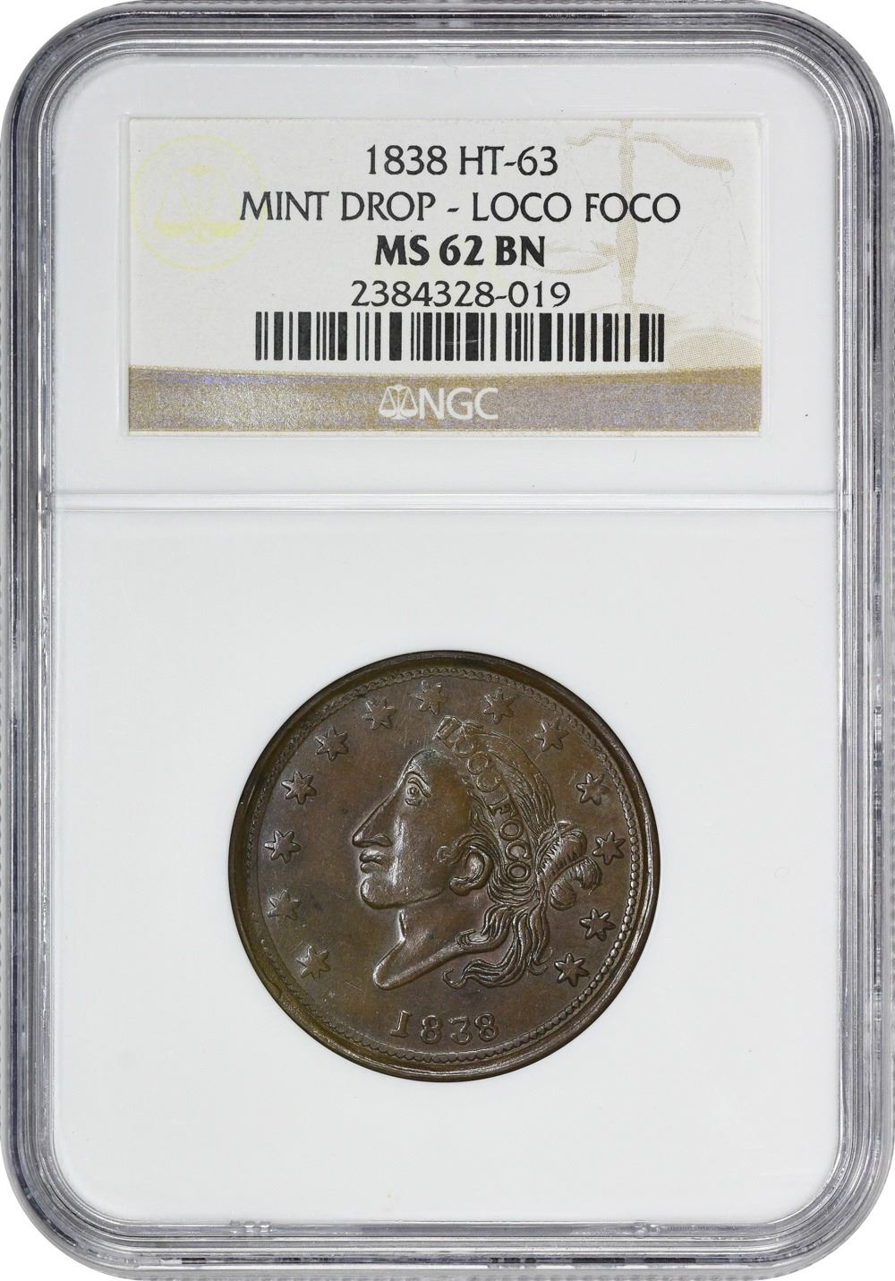 Hard Times Token. 1838 Loco Foco / Mint Drop. HT-63. MS-62 BN NGC