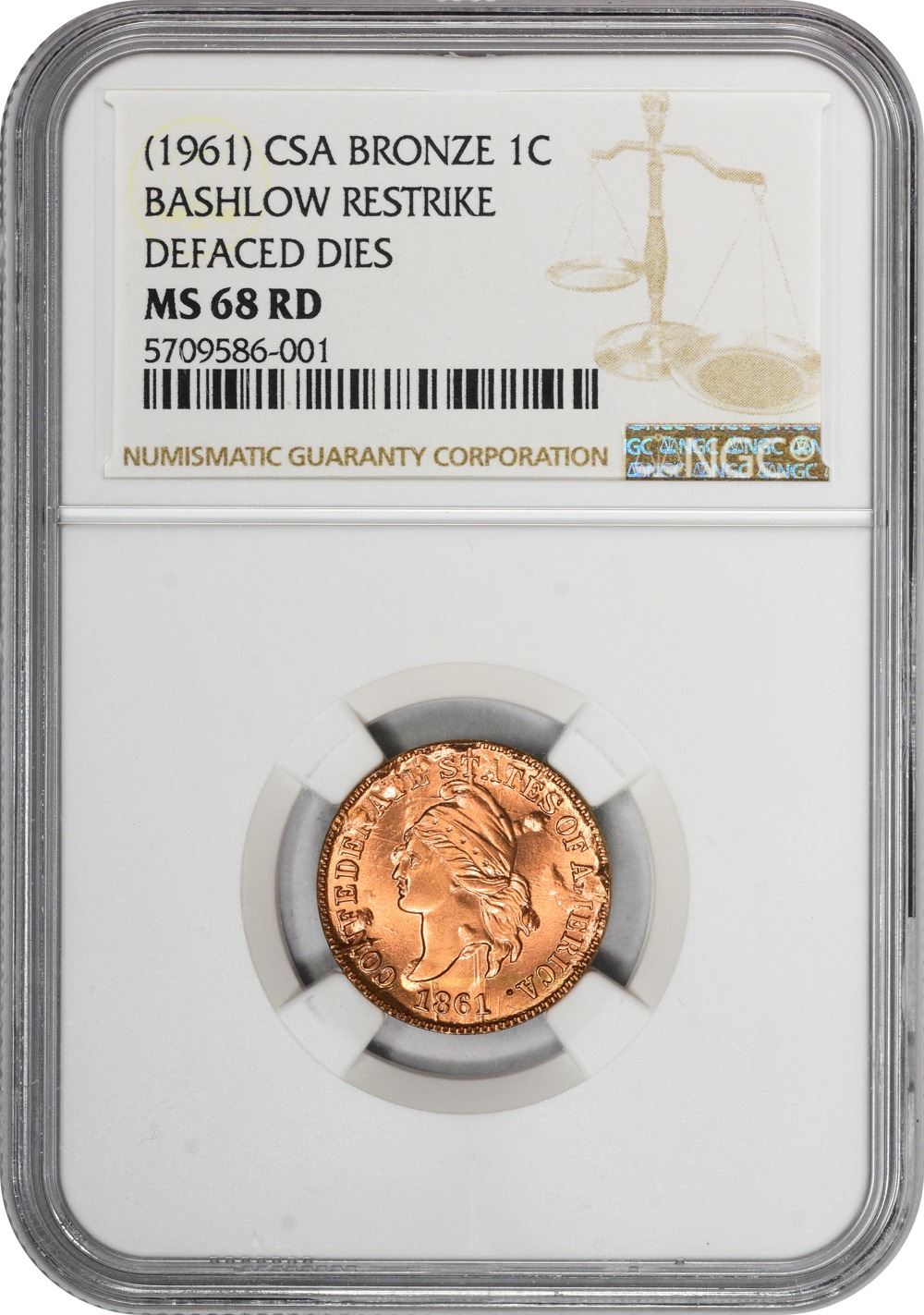 (1961) C.S.A. Bashlow Restrike Cent. Defaced Dies. Bronze. Plain Edge ...