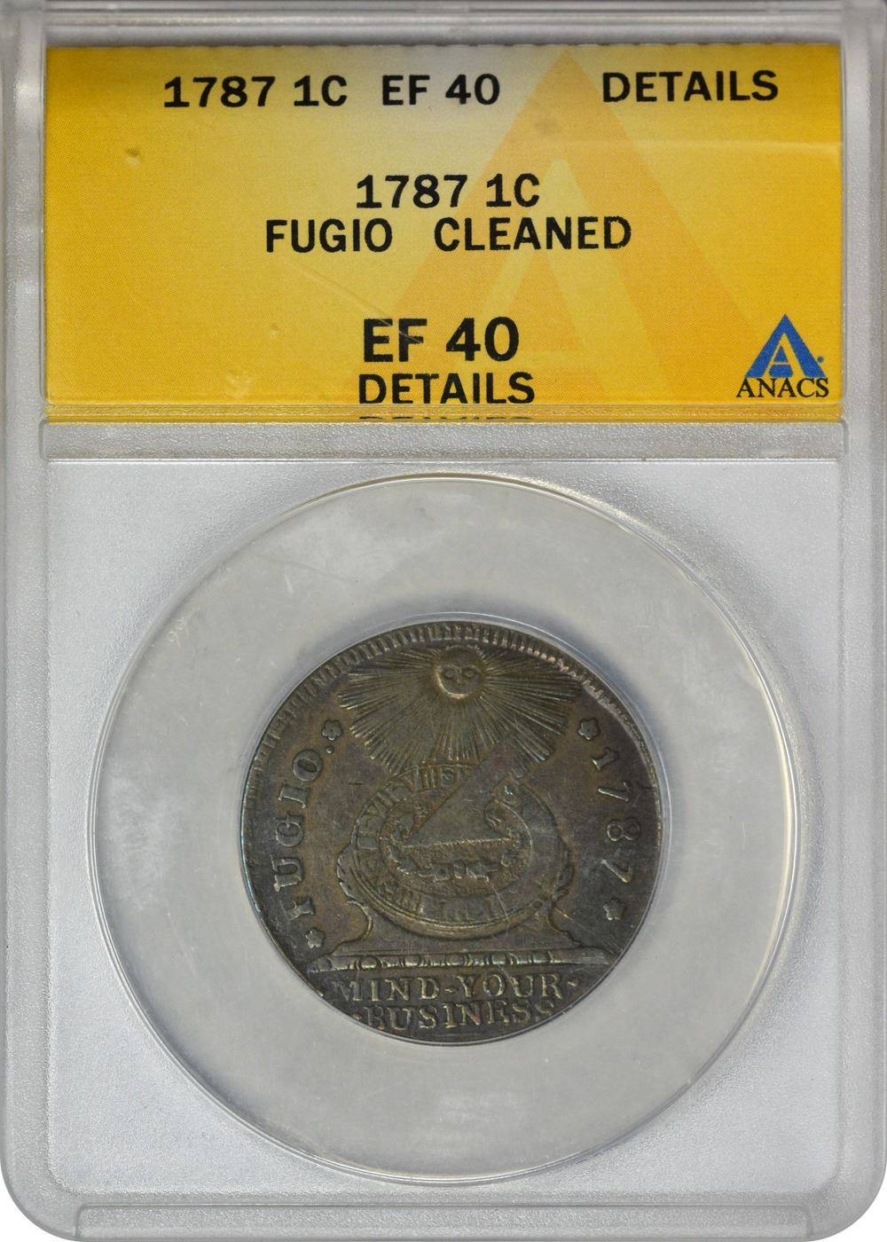 1787 Fugio Copper. Newman-15 V, W-6910. Rarity-5. EF-40 Details ...