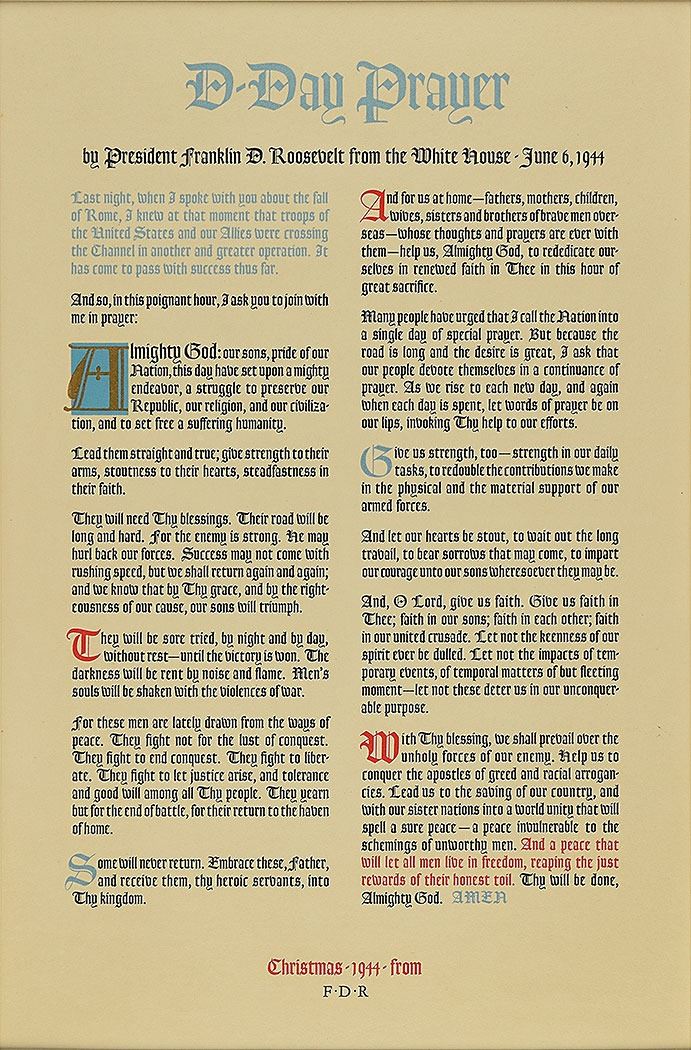 Franklin D. Roosevelt 1944 'D-Day Prayer' Broadside