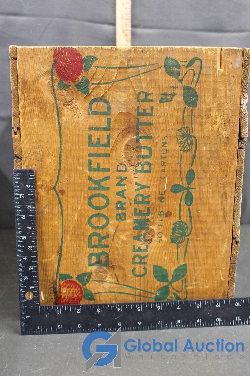 Brookfield Brand Creamery Butter Wooden Ctae of Vintage Glass Jars