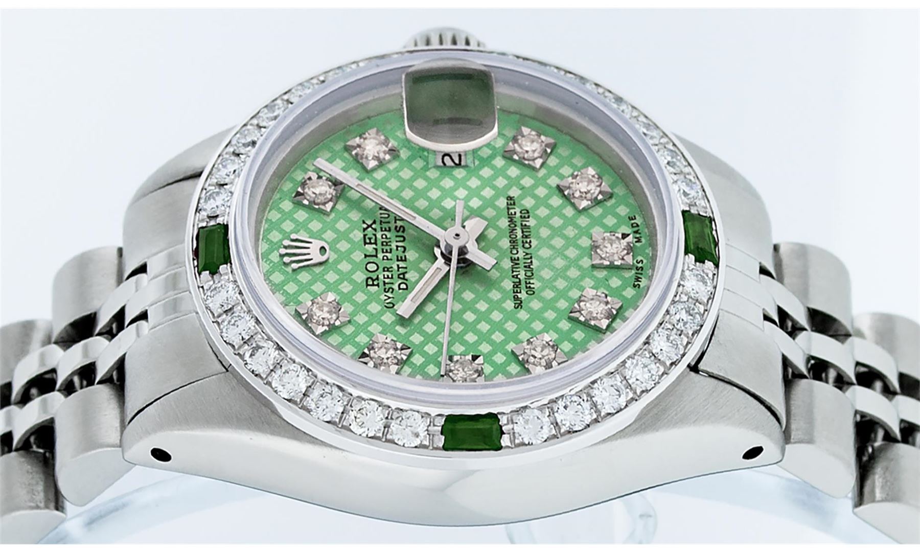 Rolex Ladies Stainless Steel Green Stamp Diamond & Emerald Datejust ...