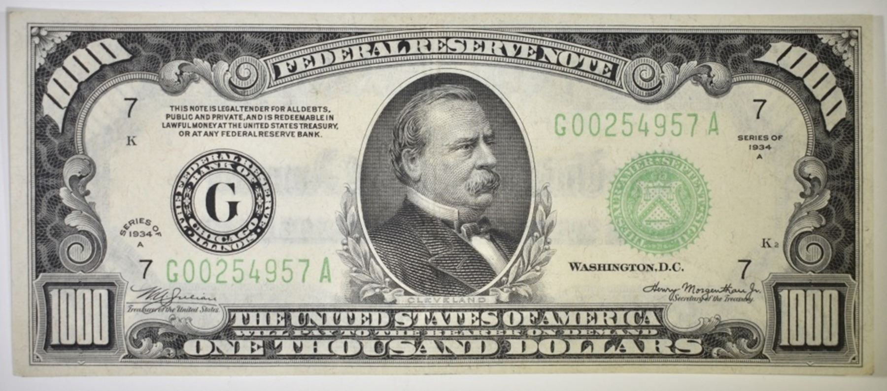 1934 $1000 FEDERAL RESERVE NOTE, AU