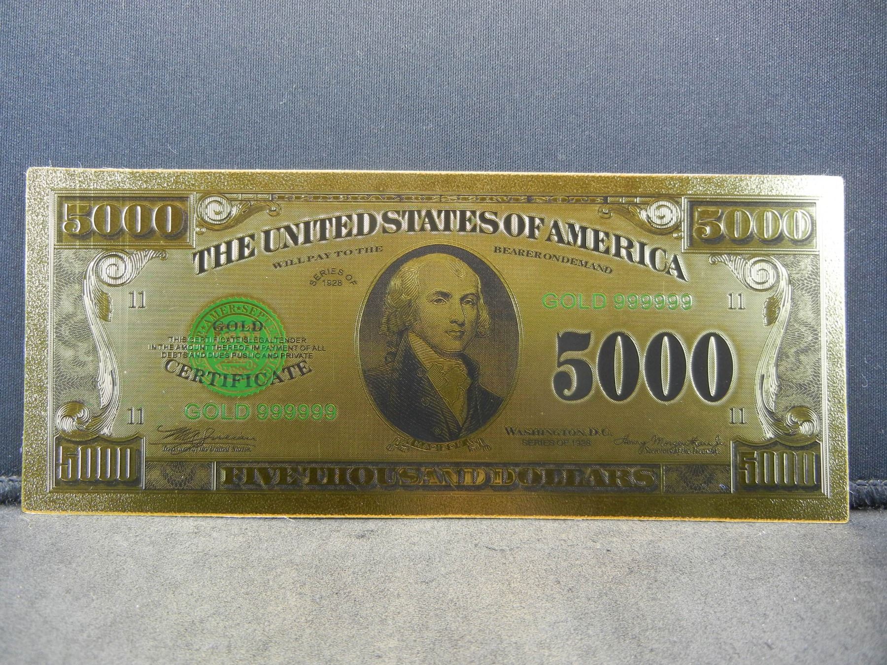 Series 1928 $5,000 Gold Certificate 24K Gold Foil Note (Not Legal Tender)