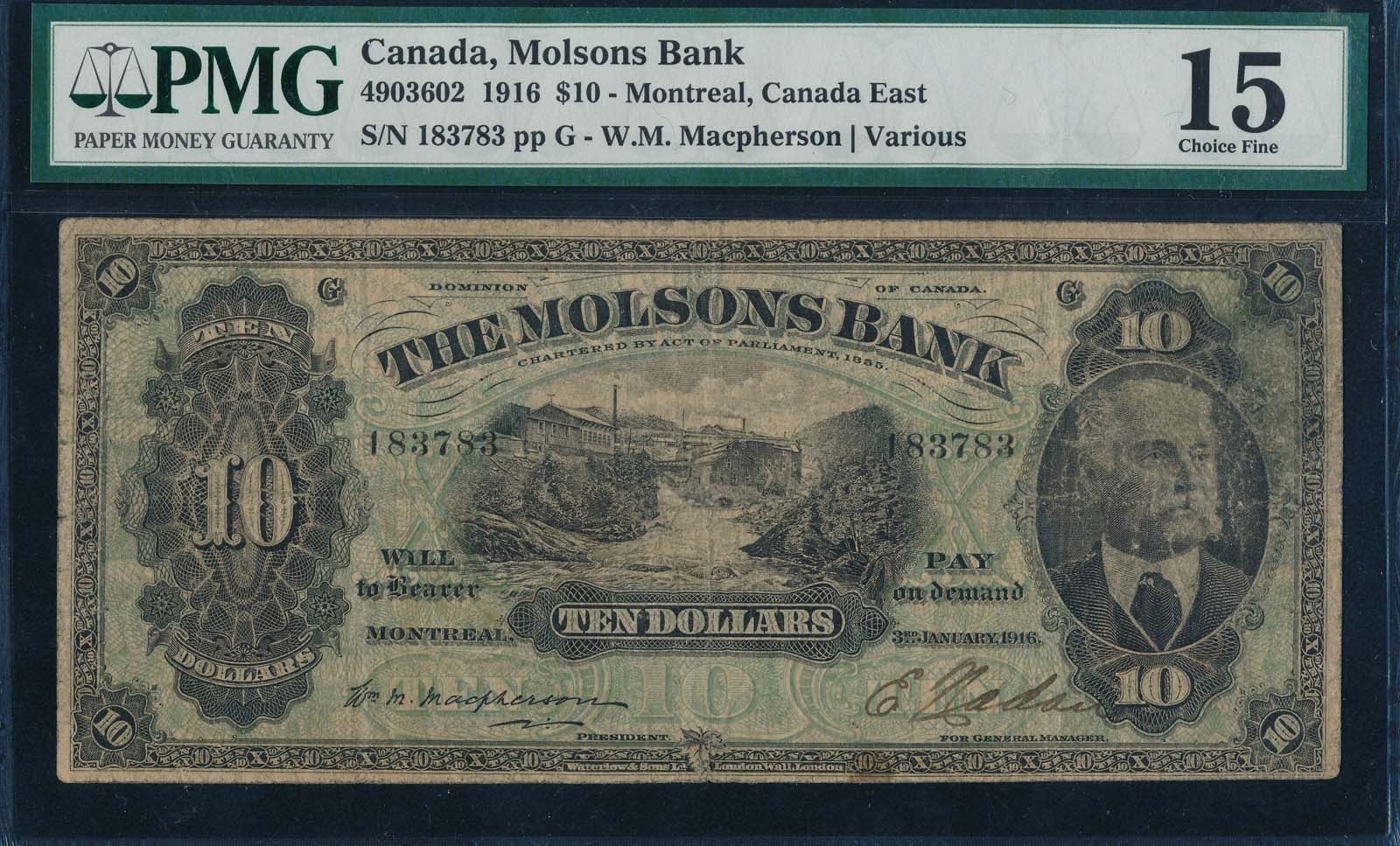 Canada - The Molsons Bank 1916 $10 Certified PMG Choice Fine 15