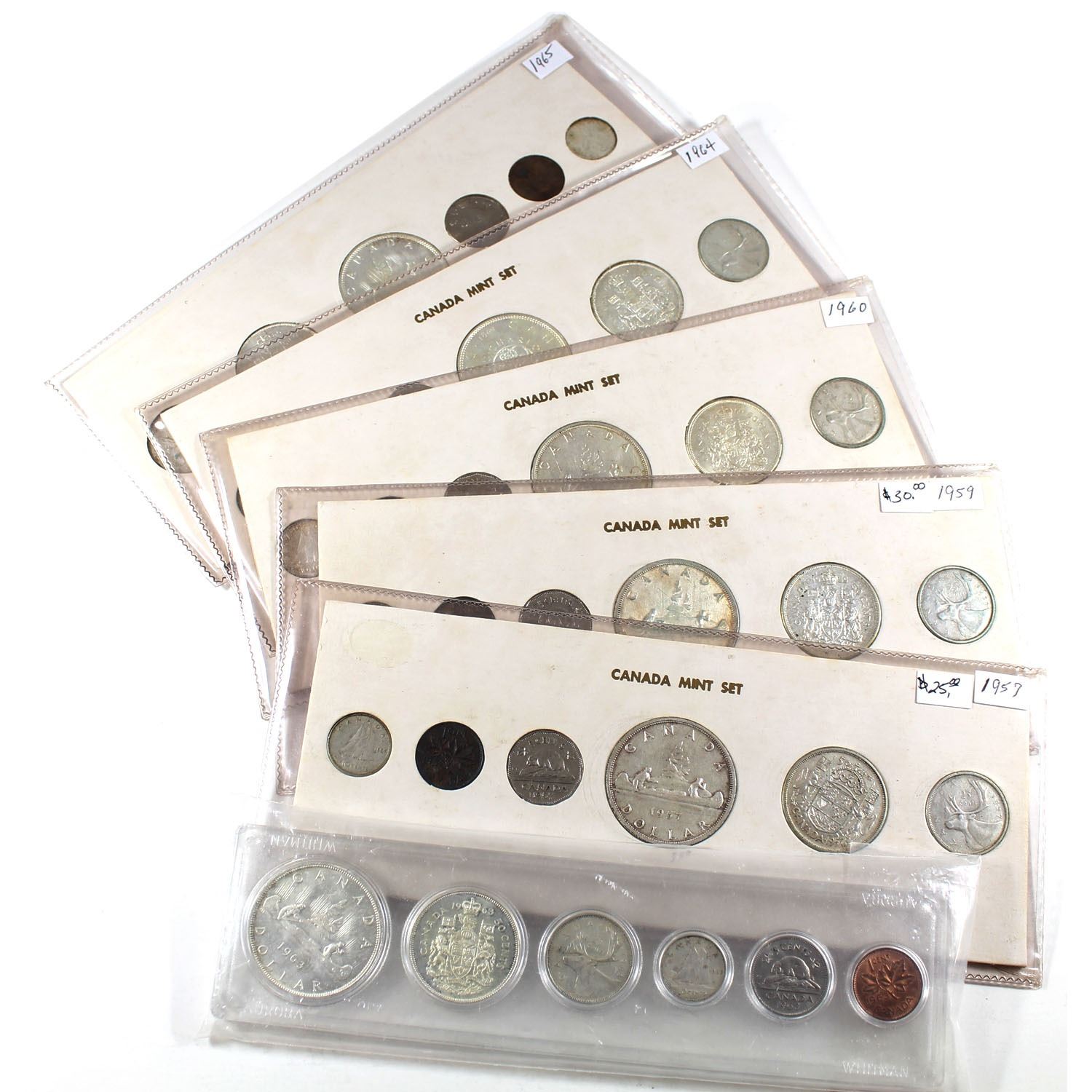 Lot of Canada 6-coin Silver Year Sets - 1957, 1959, 1960, 1963, 1964 ...