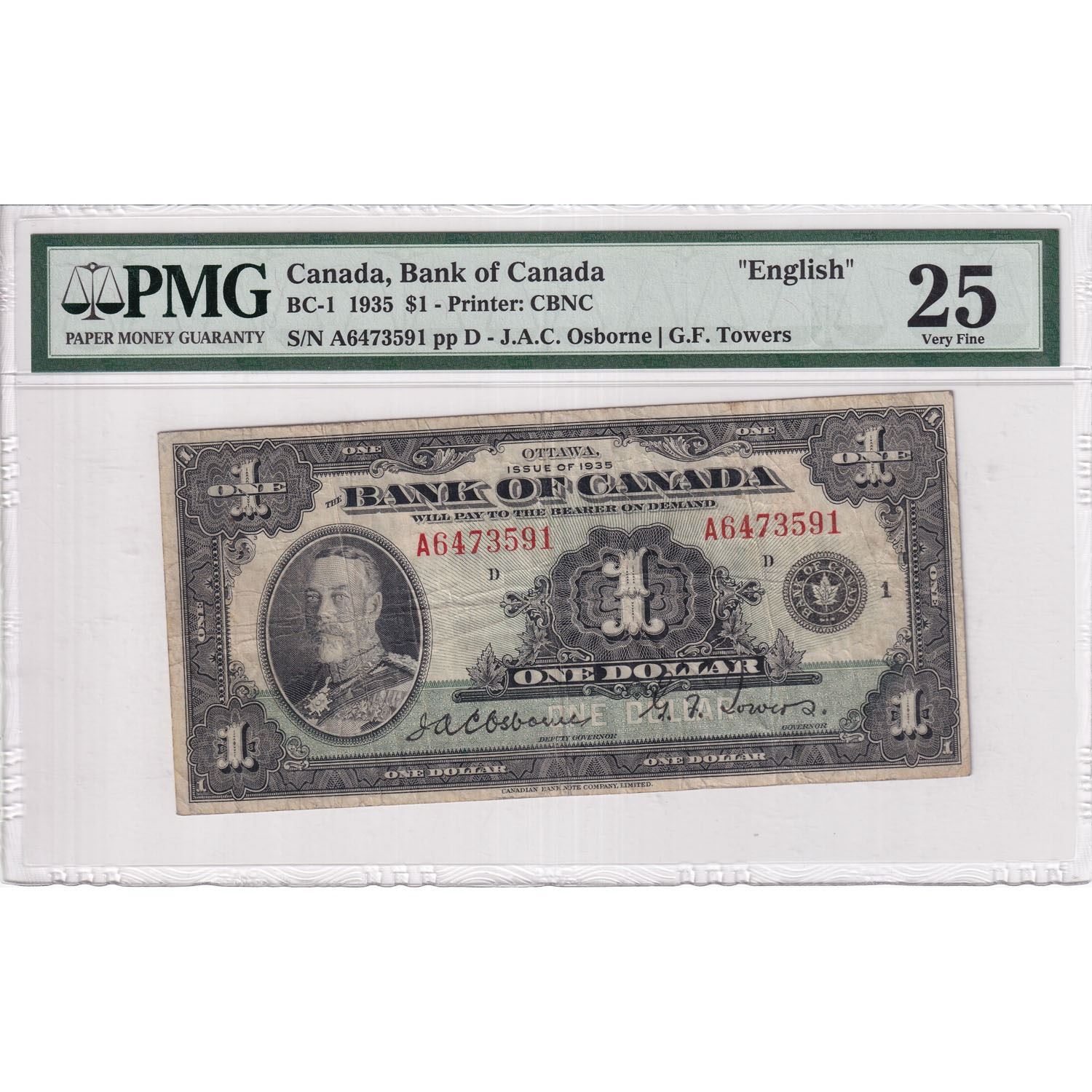 1935 $1 BC-1, Bank of Canada, Osborne-Towers, English, Series A, Check Letter D, S/N: A6473591, PMG