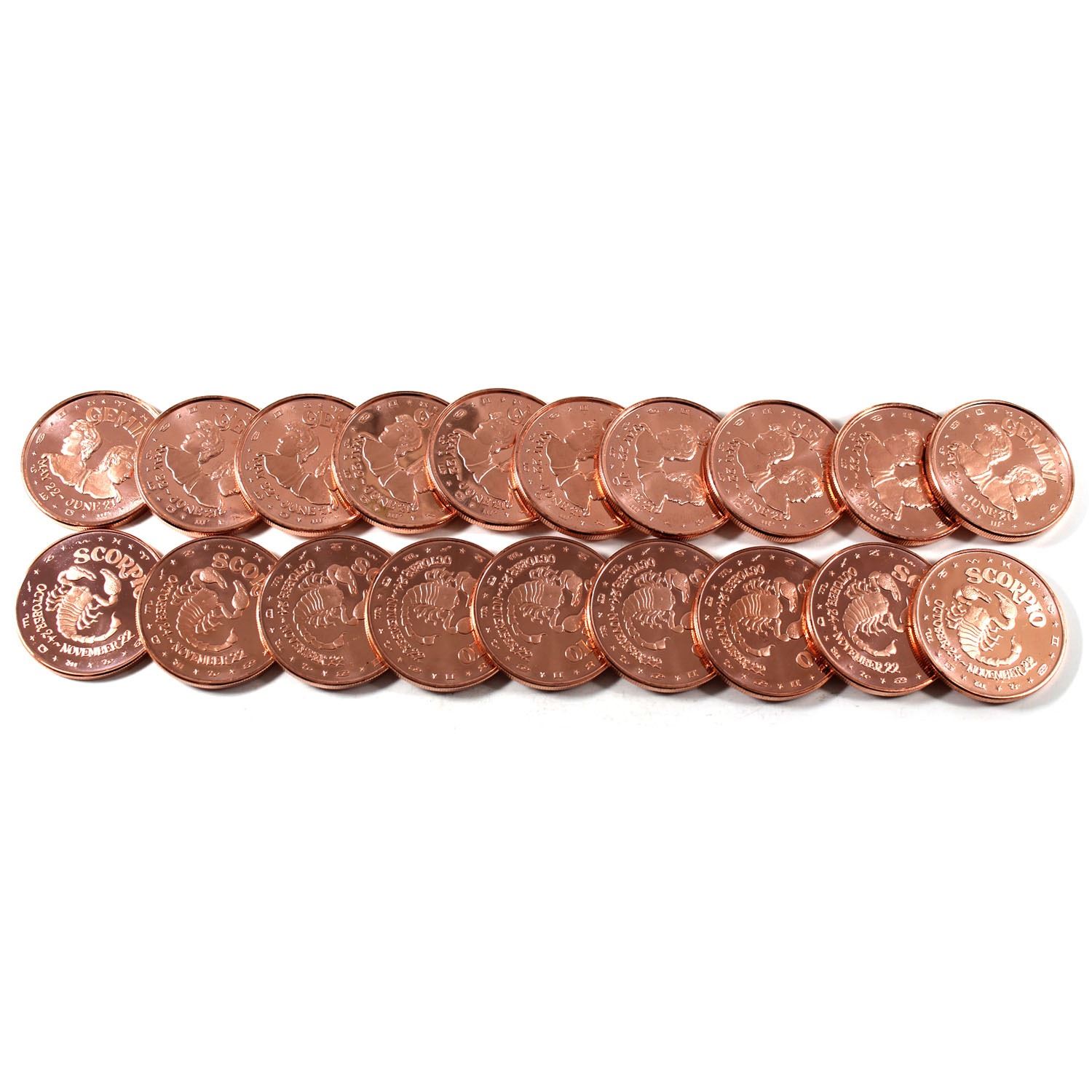 *20x 1oz .999 Fine Copper Rounds in Tube - 10x Gemini & 10x Scorpio ...