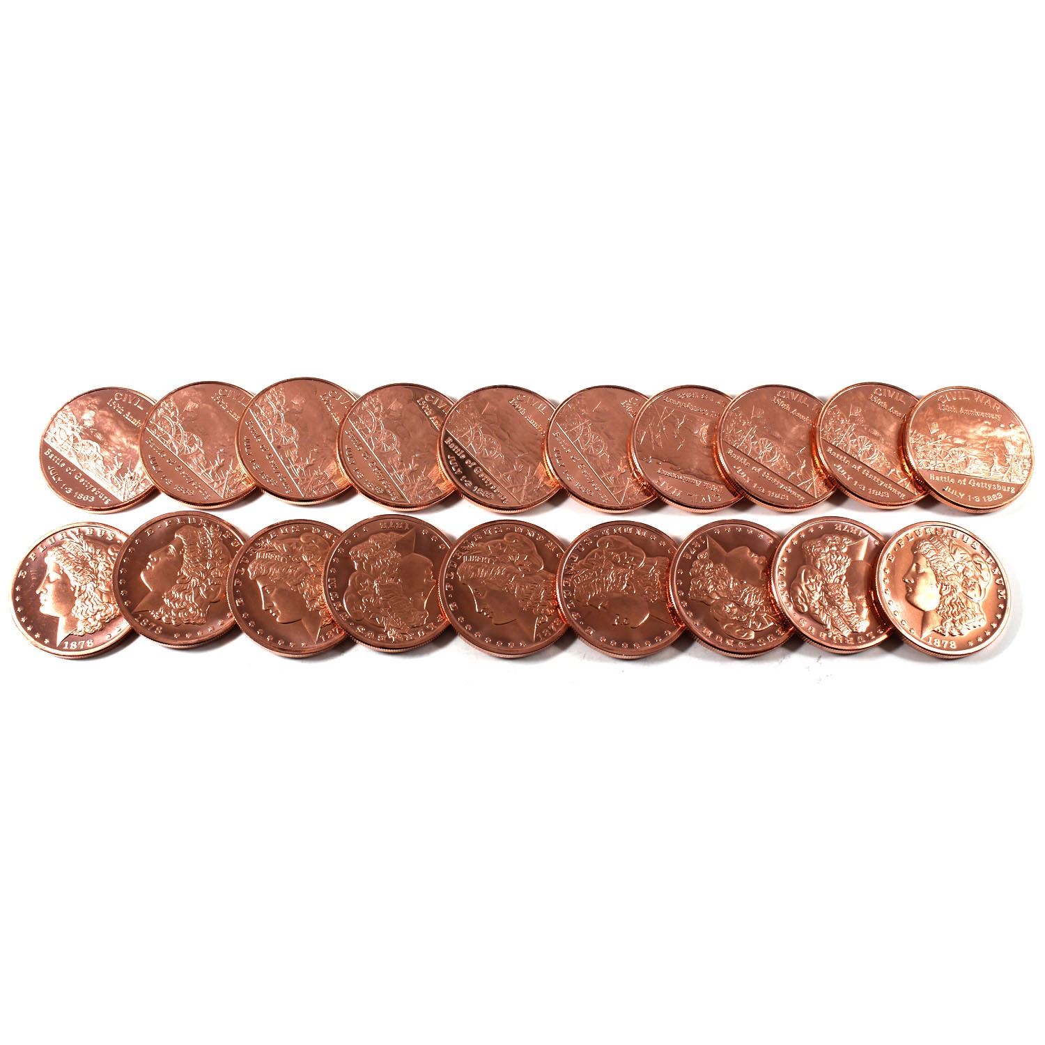 *20x 1oz .999 Fine Copper Rounds in Tube - 10x Civil War & 10x Morgan ...