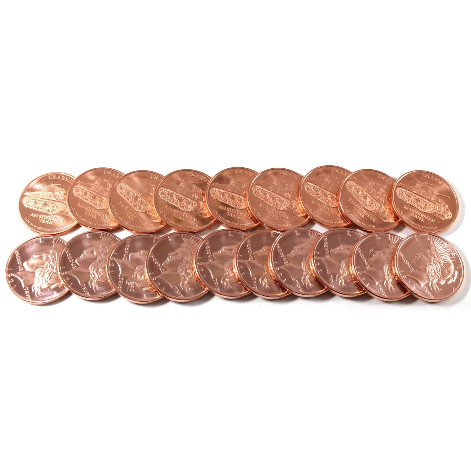 *20x 1oz .999 Fine Copper Rounds in Tube - 10x M4 Sherman Tank & 10x ...