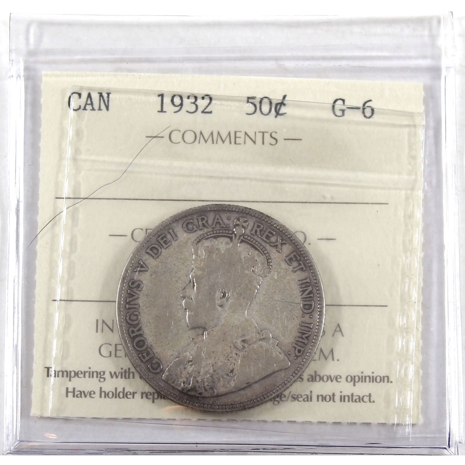 1932 Canada 50-cents ICCS Certified G-6