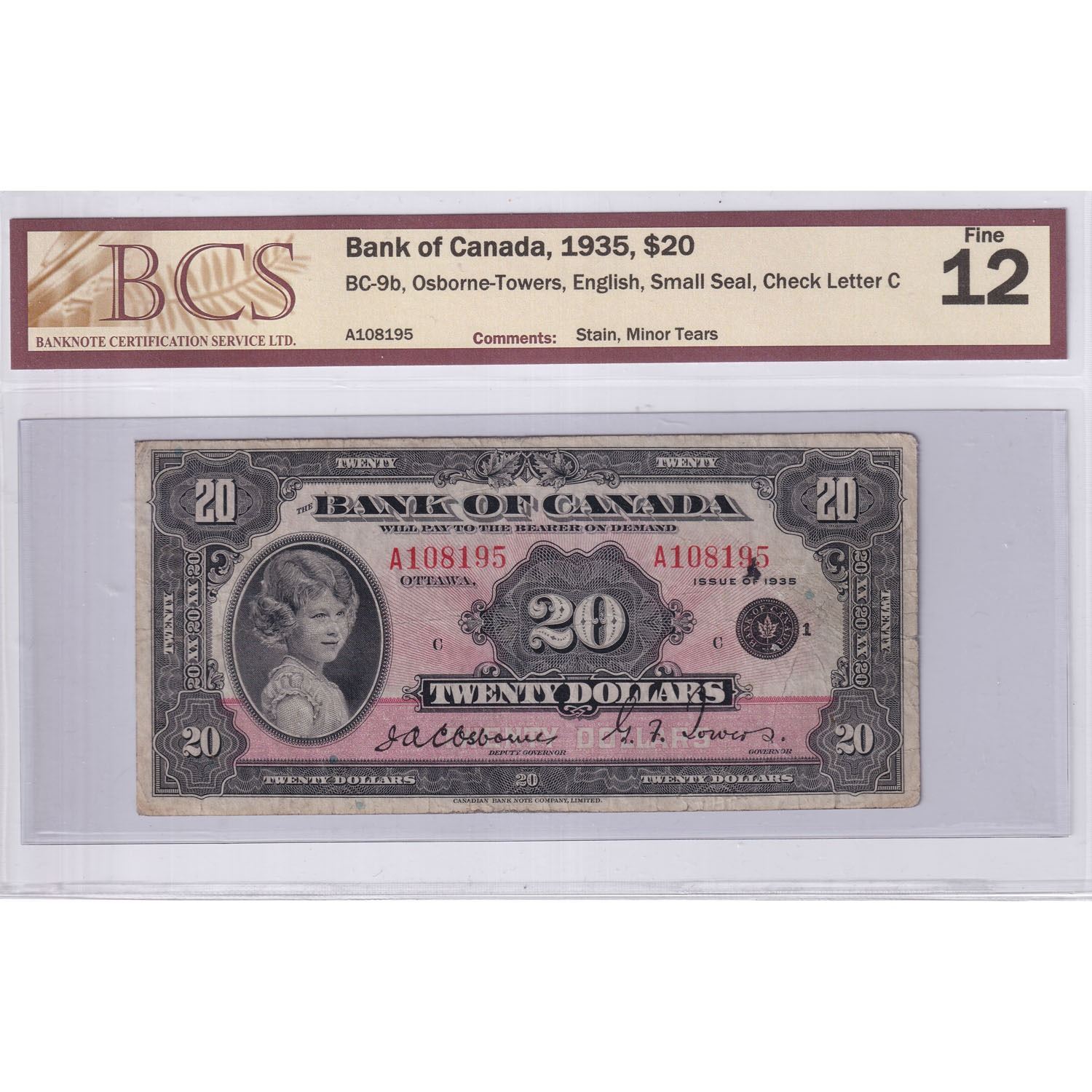 1935 $20 BC-9b, Osborne-Towers, English, Small Seal, Check Letter C, S/N: A108195, BCS Certified F-1