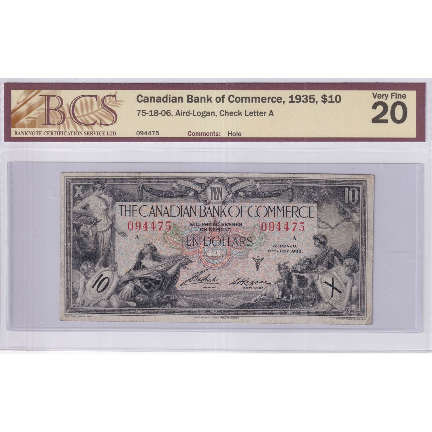 1935 $10 75-18-06, Canadian Bank of Commerce, Aird-Logan, Check Letter ...