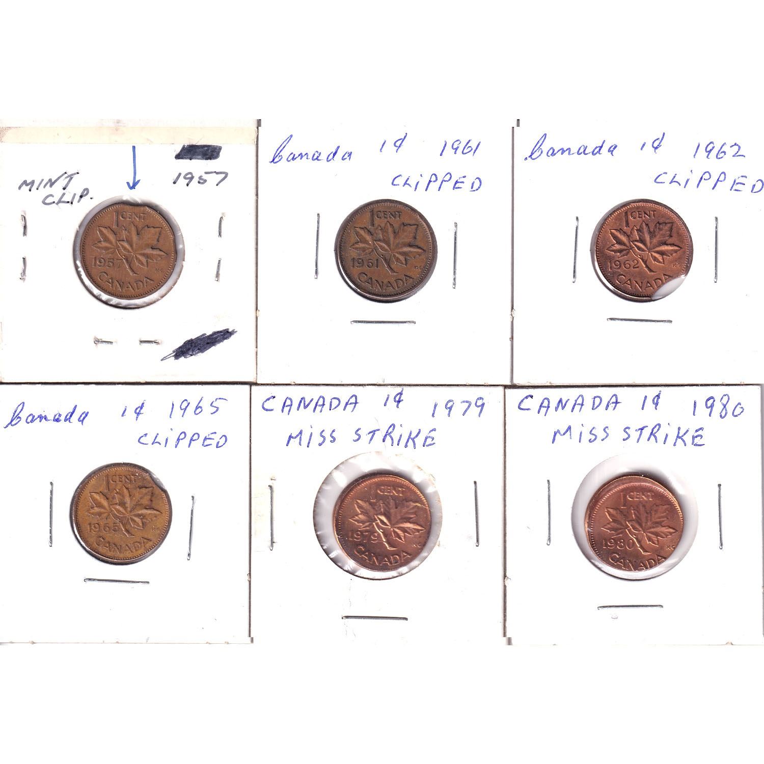 Canada 1957-1980 Clipped & Mistrike 1-cents. Dates include 1957, 1961 ...