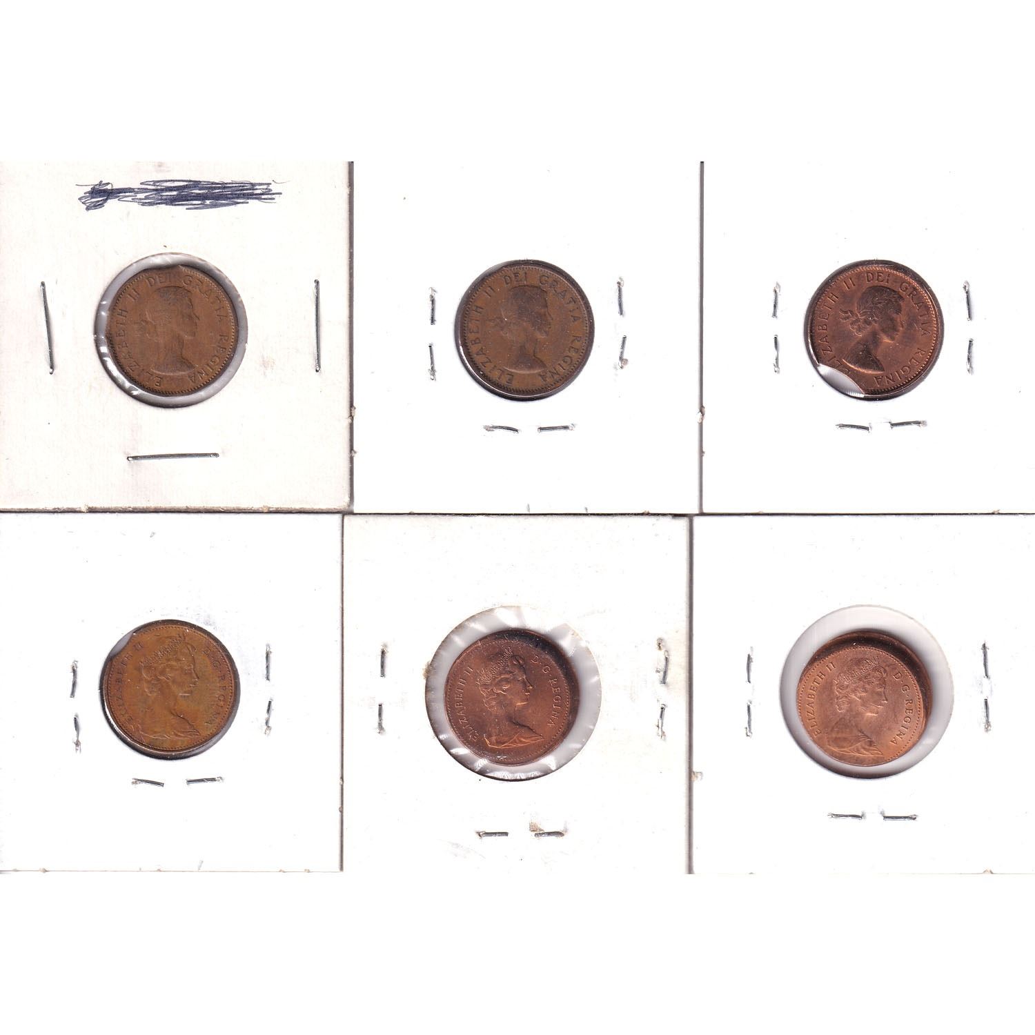Canada 1957-1980 Clipped & Mistrike 1-cents. Dates include 1957, 1961 ...
