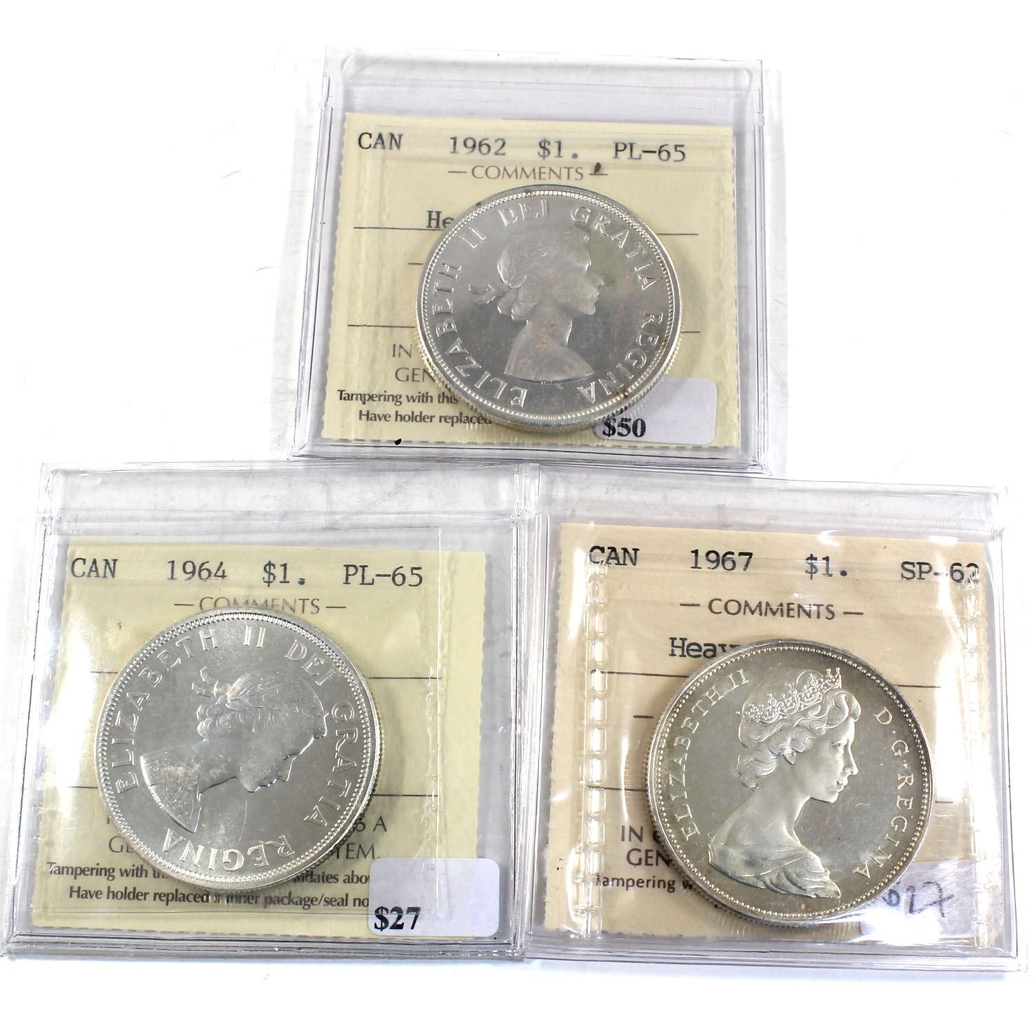 Group Lot 3x Silver $1, 1962 PL-65 HC, 1964 PL-65, & 1967 SP-62 HC. All ...