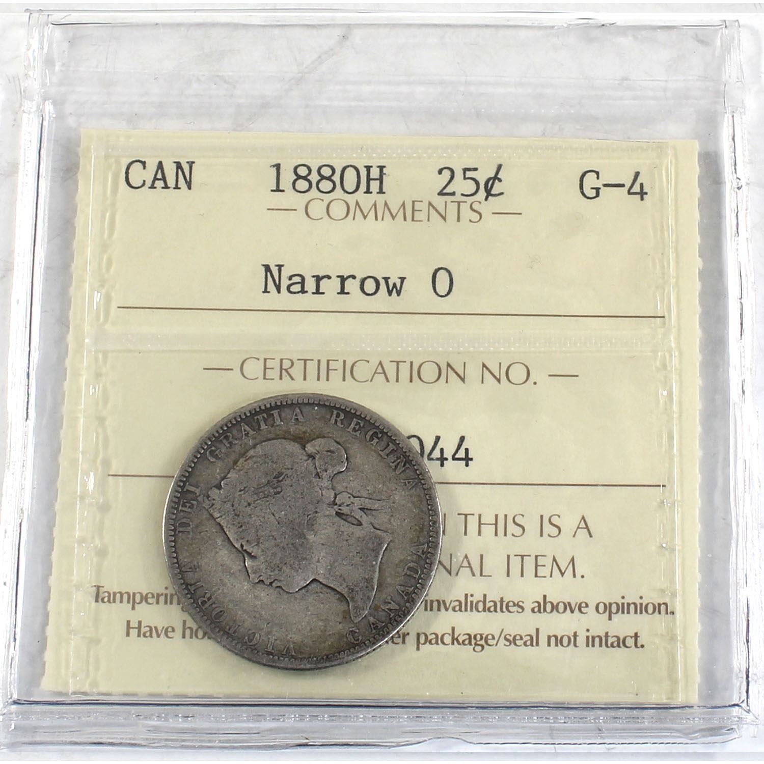 25-cent 1880H Narrow 0, ICCS Certified G-4
