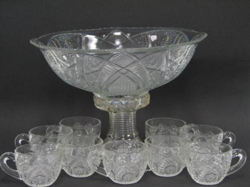 1920s Pressed Glass Footed Punch Bowl Set