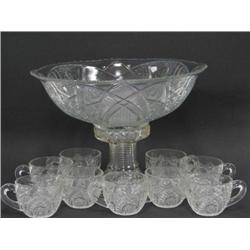 1920s Pressed Glass Footed Punch Bowl Set