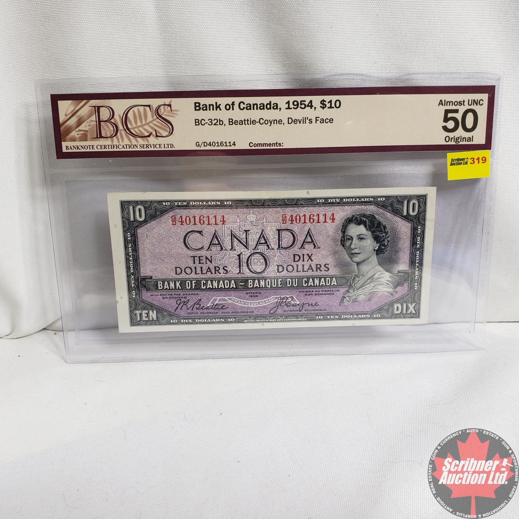 Canada $10 Bill 1954 Devil's Face (Beattie/Coyne) GD4016114 (BCS Grade : ALMOST UNC 50 Original)