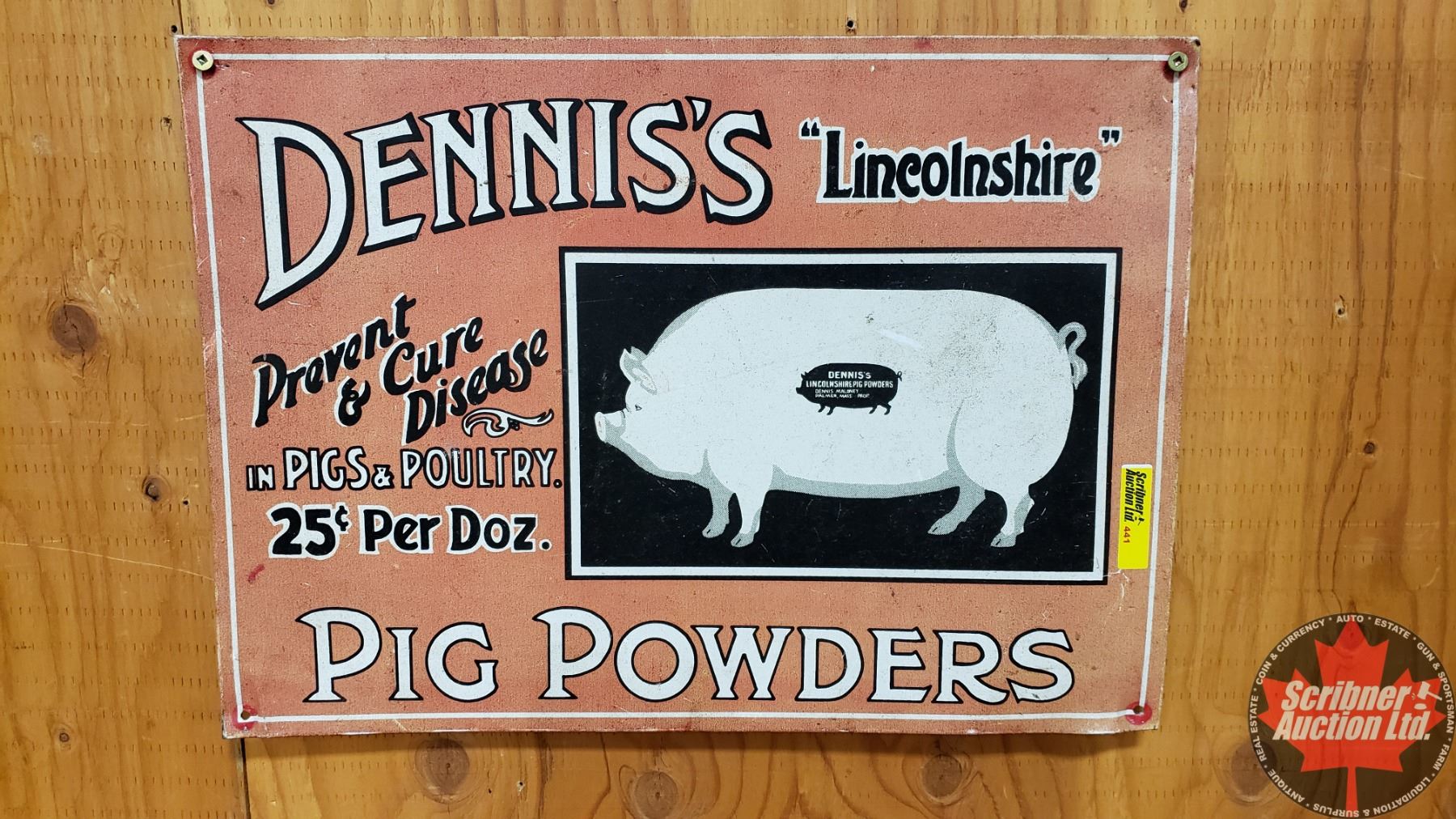 Reproduction Tin Sign "Dennis's Pig Powders" (12" x 16")