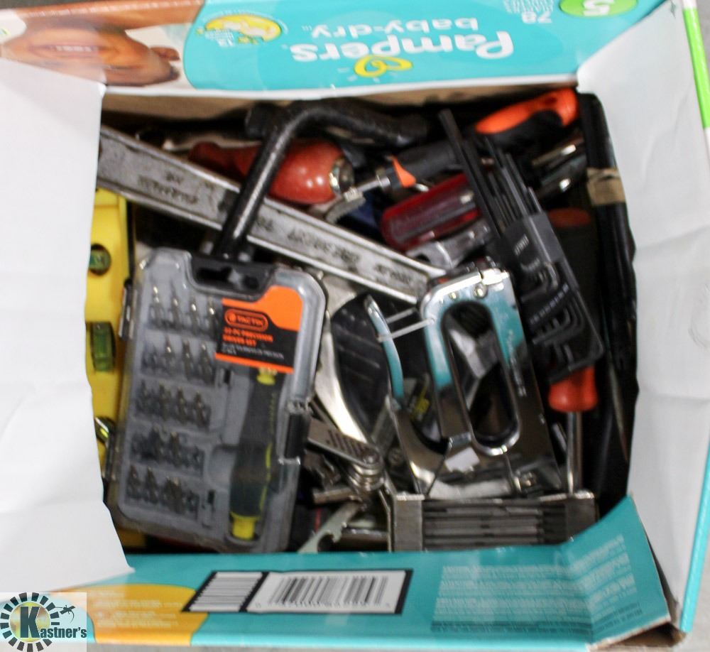 BOX OF ASSORTED TOOLS INCL KEEDEX K-18 SAFE