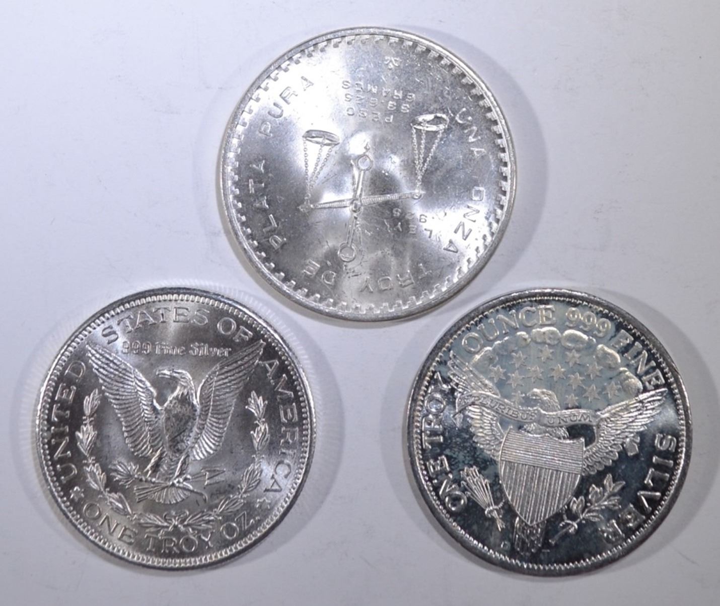 3-DIFFERENT ONE OUNCE .999 SILVER ROUNDS