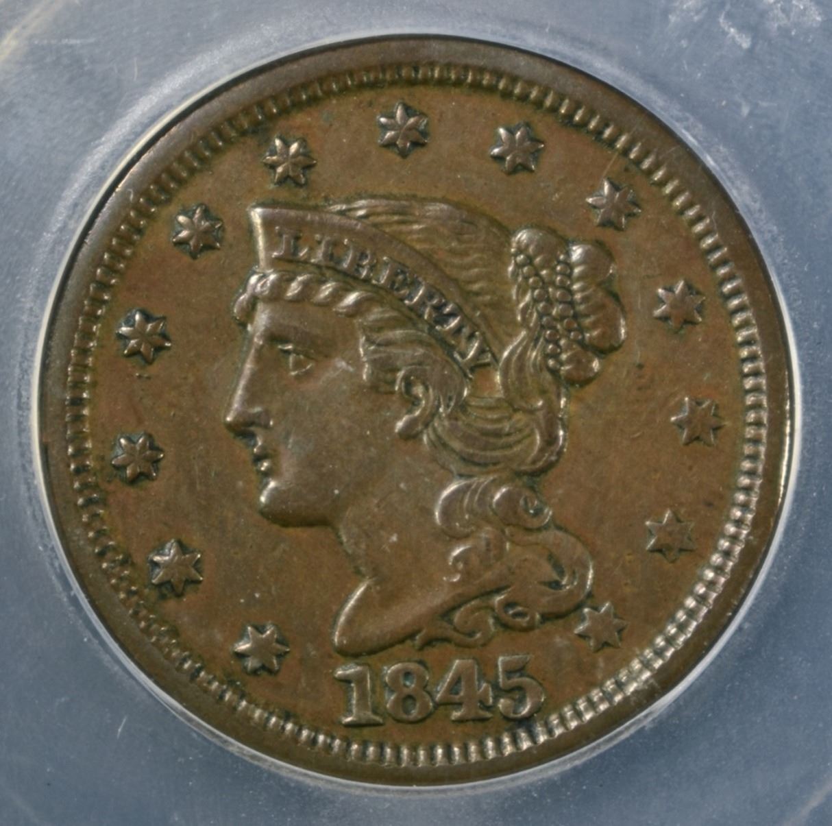 1845 LARGE CENT ICG AU-50