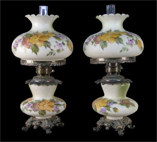 Pair of Victorian, Hand-painted Parlor lamps