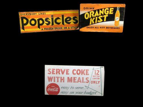 Lot of 3 Soda Signs: Orange Kist, Coke & Popsicle